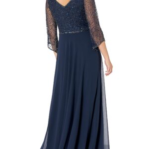 J Kara Women's 3/4 Sleeve V-Neck Beaded Top Long Gown, Navy/Mercury, 14