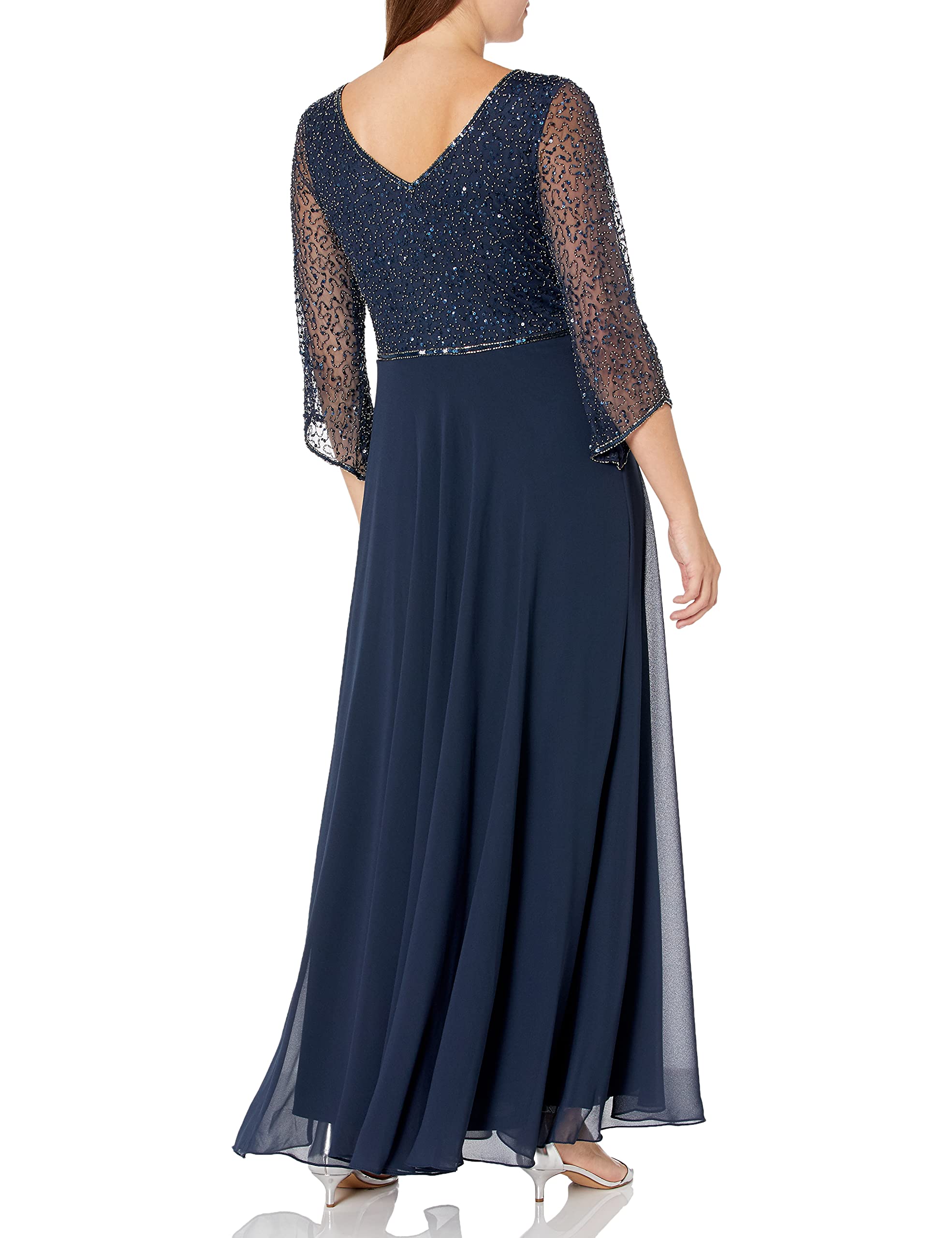 J Kara Women's 3/4 Sleeve V-Neck Beaded Top Long Gown, Navy/Mercury, 14