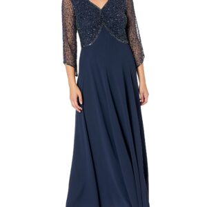 J Kara Women's 3/4 Sleeve V-Neck Beaded Top Long Gown, Navy/Mercury, 14