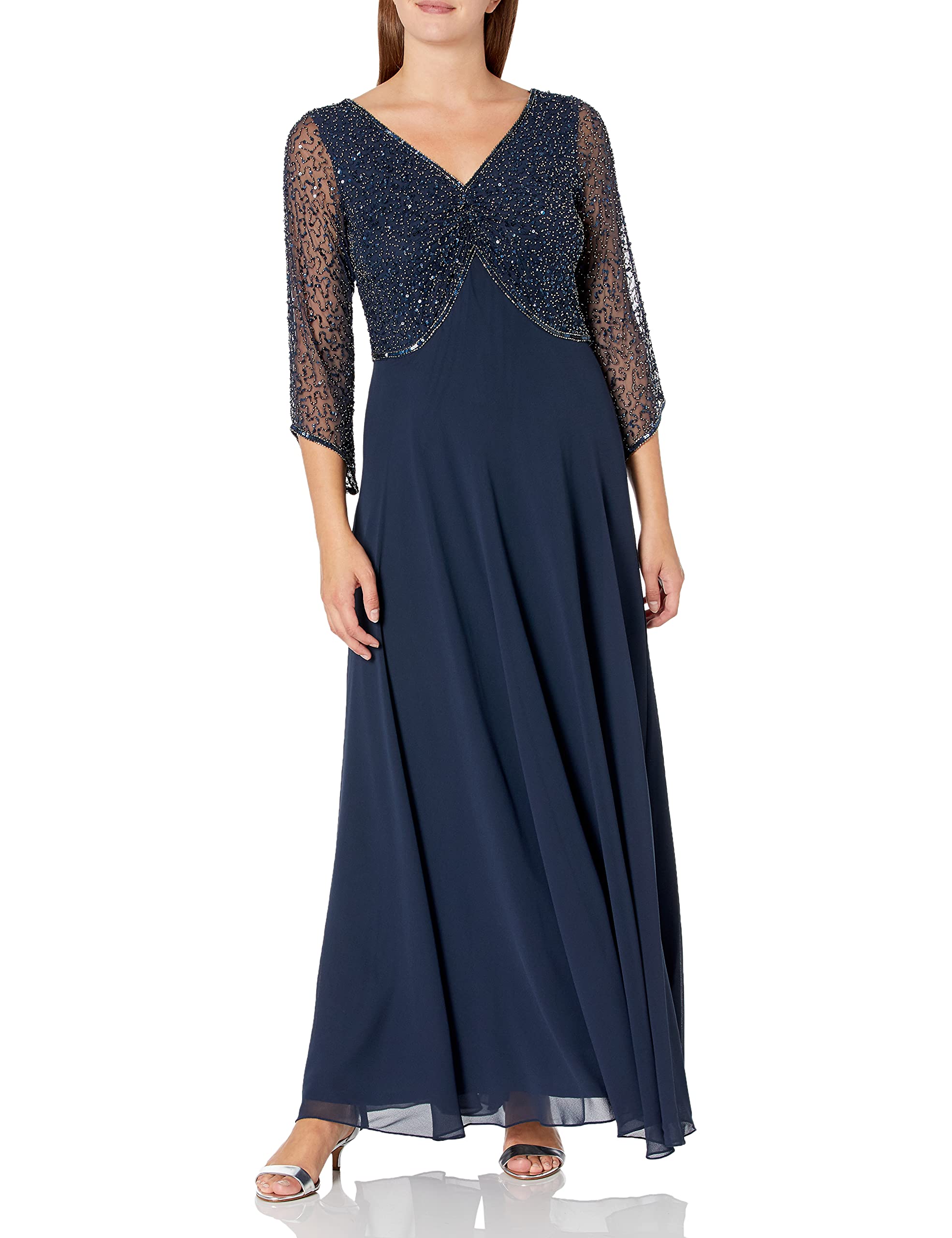 J Kara Women's 3/4 Sleeve V-Neck Beaded Top Long Gown, Navy/Mercury, 14