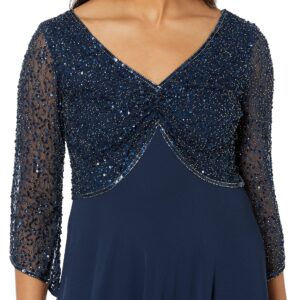 J Kara Women's 3/4 Sleeve V-Neck Beaded Top Long Gown, Navy/Mercury, 14