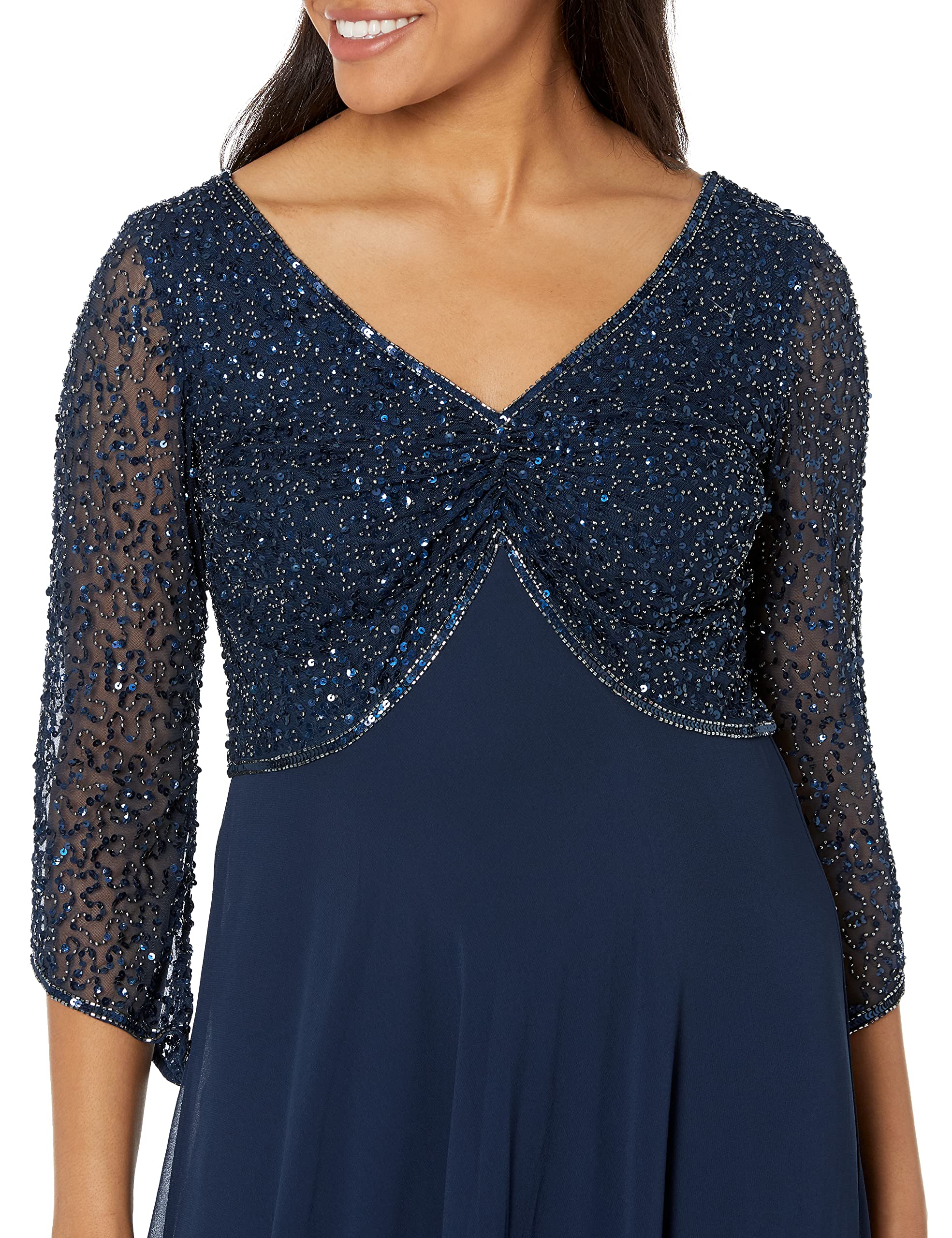 J Kara Women's 3/4 Sleeve V-Neck Beaded Top Long Gown, Navy/Mercury, 14