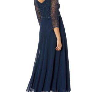 J Kara Women's 3/4 Sleeve V-Neck Beaded Top Long Gown, Navy/Mercury, 14