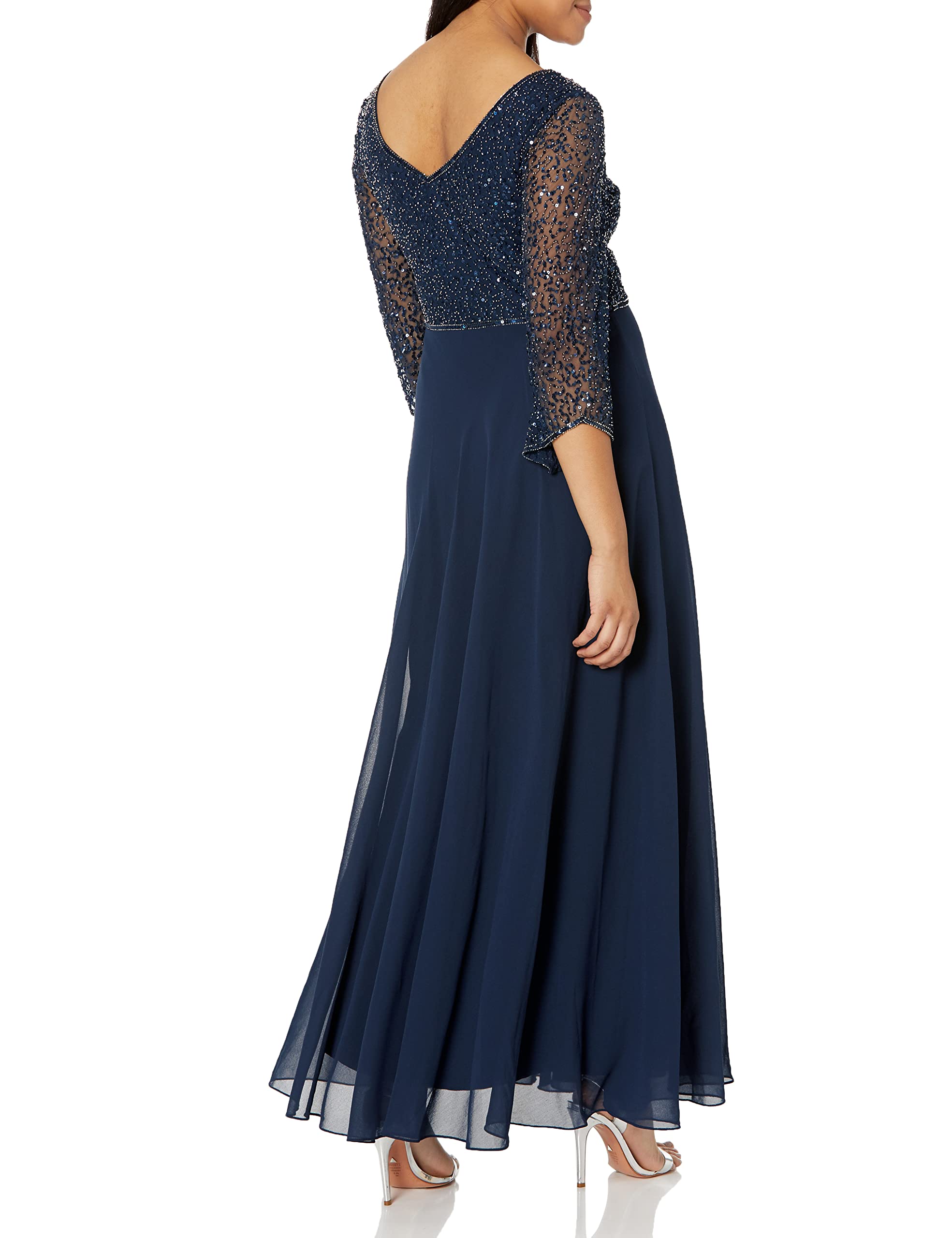 J Kara Women's 3/4 Sleeve V-Neck Beaded Top Long Gown, Navy/Mercury, 14