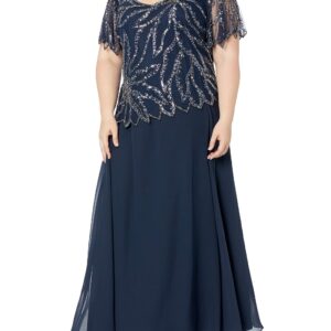 J Kara Women's Plus Size Beaded Short Sleeve Long Gown, Navy/Mercury, 18W