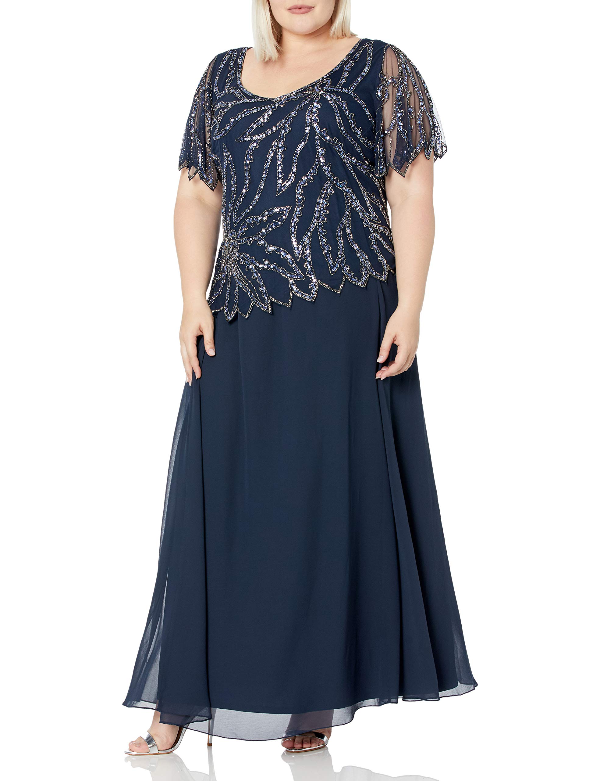 J Kara Women's Plus Size Beaded Short Sleeve Long Gown, Navy/Mercury, 18W