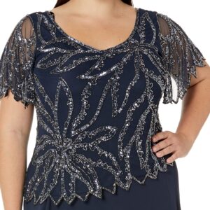 J Kara Women's Plus Size Beaded Short Sleeve Long Gown, Navy/Mercury, 18W