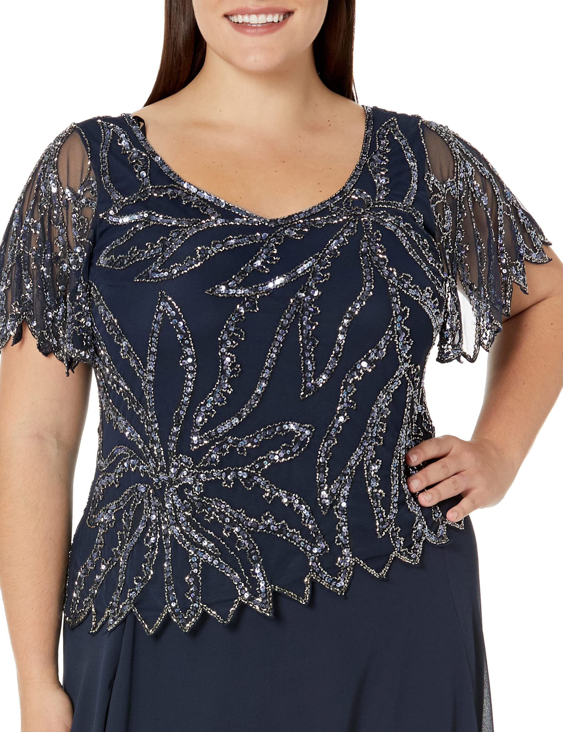 J Kara Women's Plus Size Beaded Short Sleeve Long Gown, Navy/Mercury, 18W