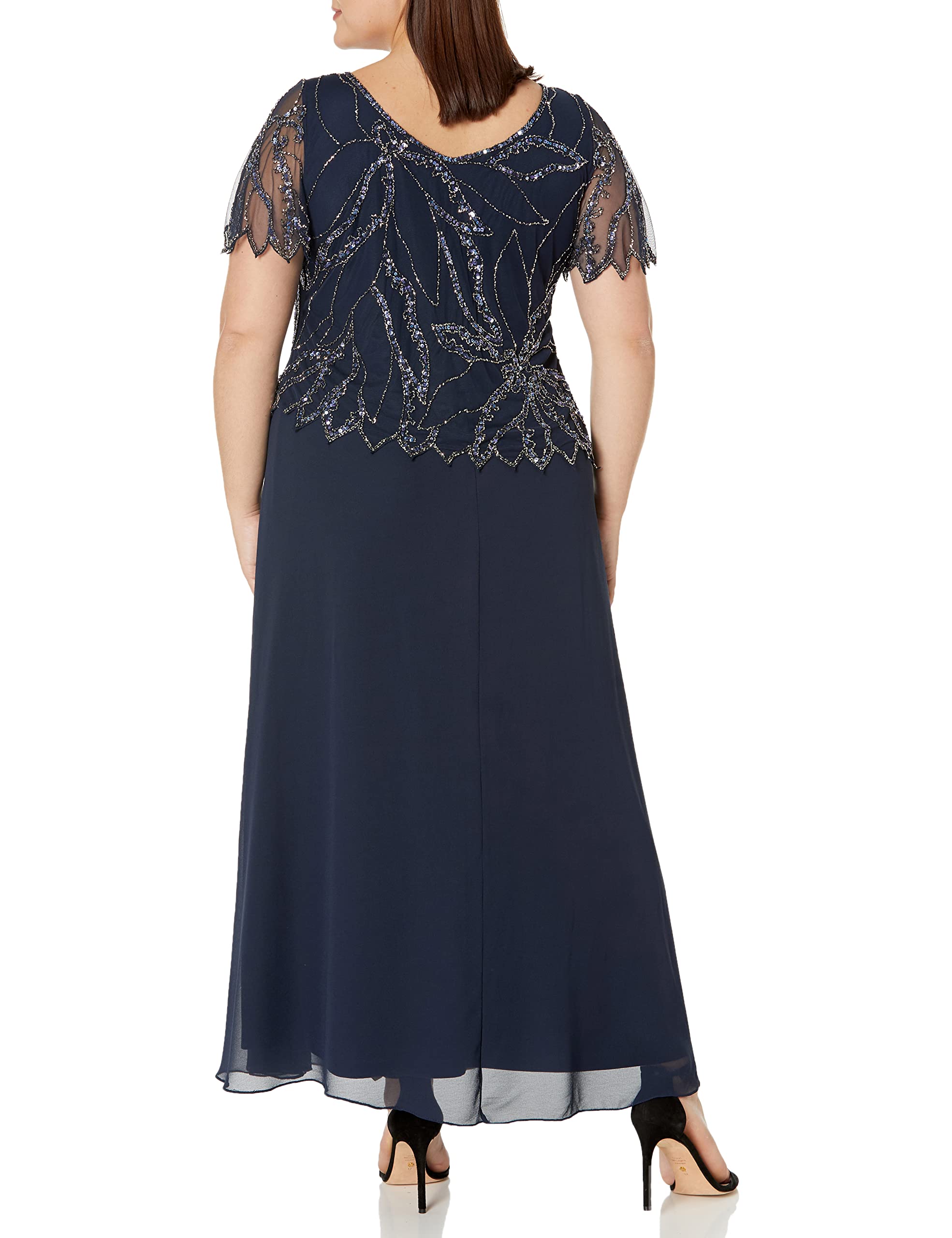 J Kara Women's Plus Size Beaded Short Sleeve Long Gown, Navy/Mercury, 18W