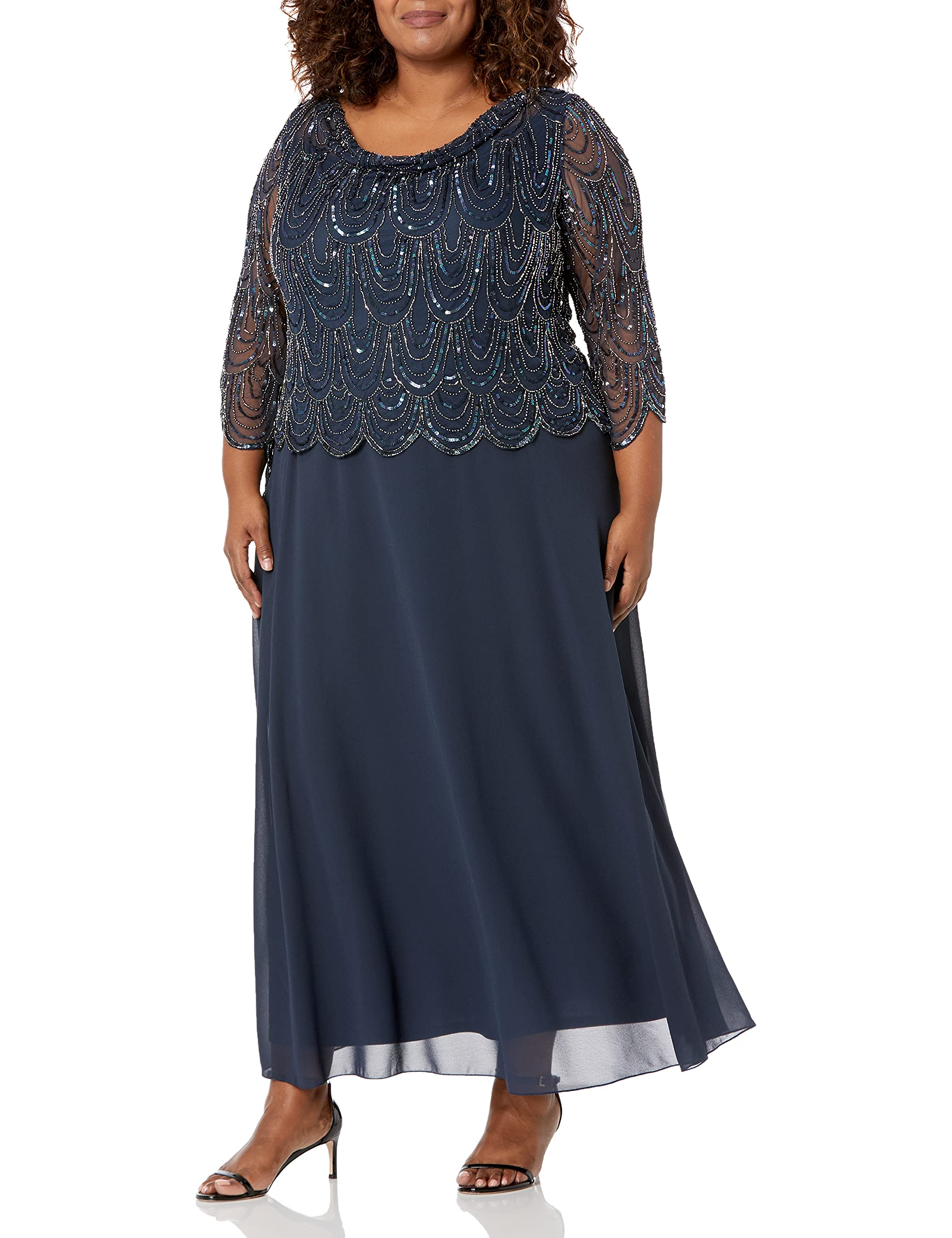 J Kara Women's Plus Size 3/4 Scallop Beaded Pop Over Gown, Navy/Mercury, 24W