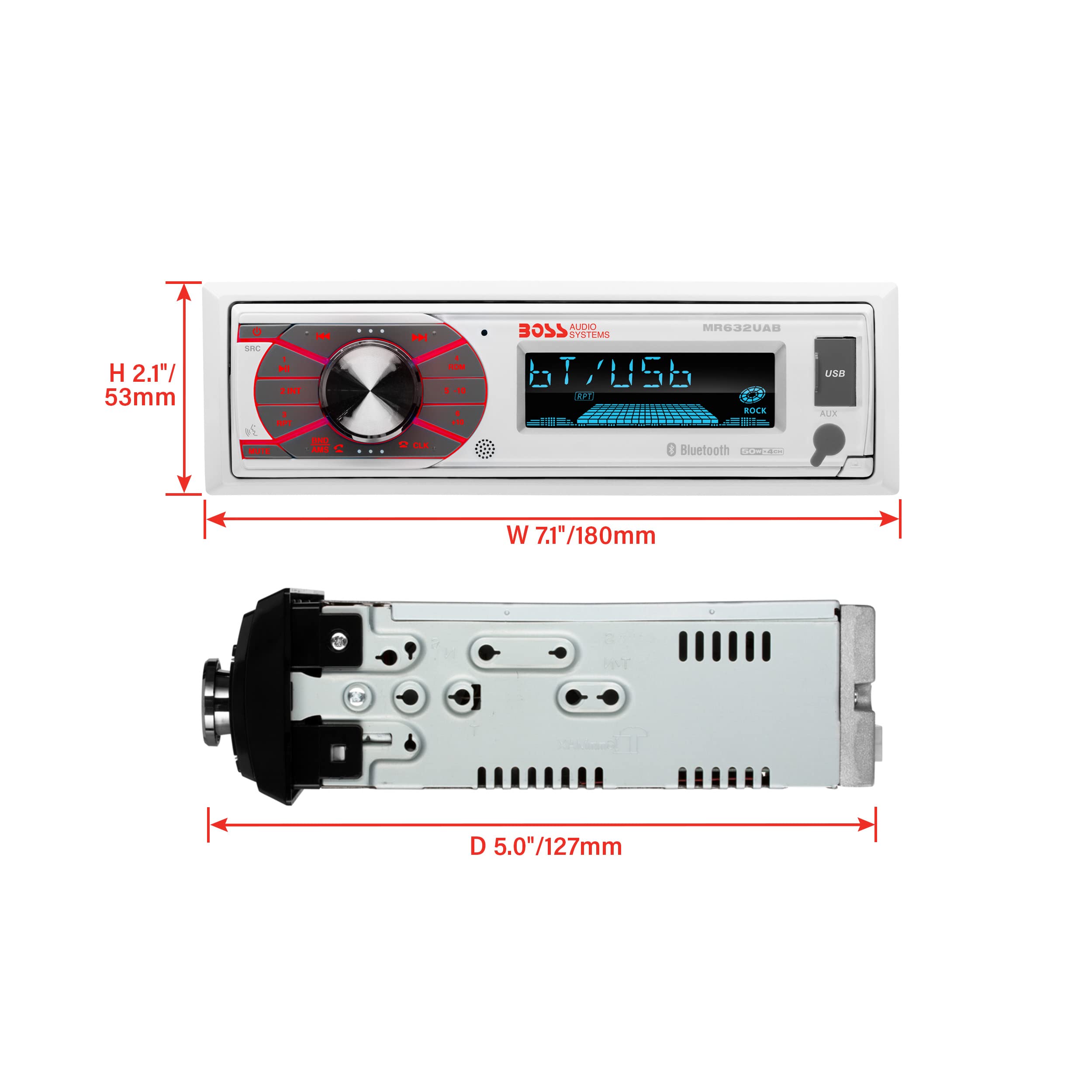 Boss Audio Systems MR632UAB Marine Receiver – Weatherproof, Bluetooth Audio and Hands-Free Calling, USB, MP3, AM/FM, Aux-in, No CD Player, RGB Multi-Color Illumination, Detachable Front Panel, white