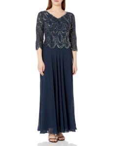 j kara women's 3/4 sleeve with scallop beaded pop over gown, navy/mercury, 8