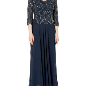 J Kara Women's 3/4 Sleeve with Scallop Beaded Pop Over Gown, Navy/Mercury, 8