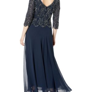 J Kara Women's 3/4 Sleeve with Scallop Beaded Pop Over Gown, Navy/Mercury, 8