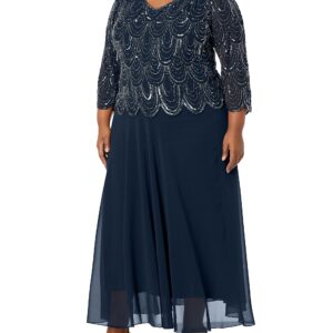 J Kara Women's Plus Size 3/4 Sleeve with Scallop Beaded Pop Over Gown, Navy/Mercury, 16W