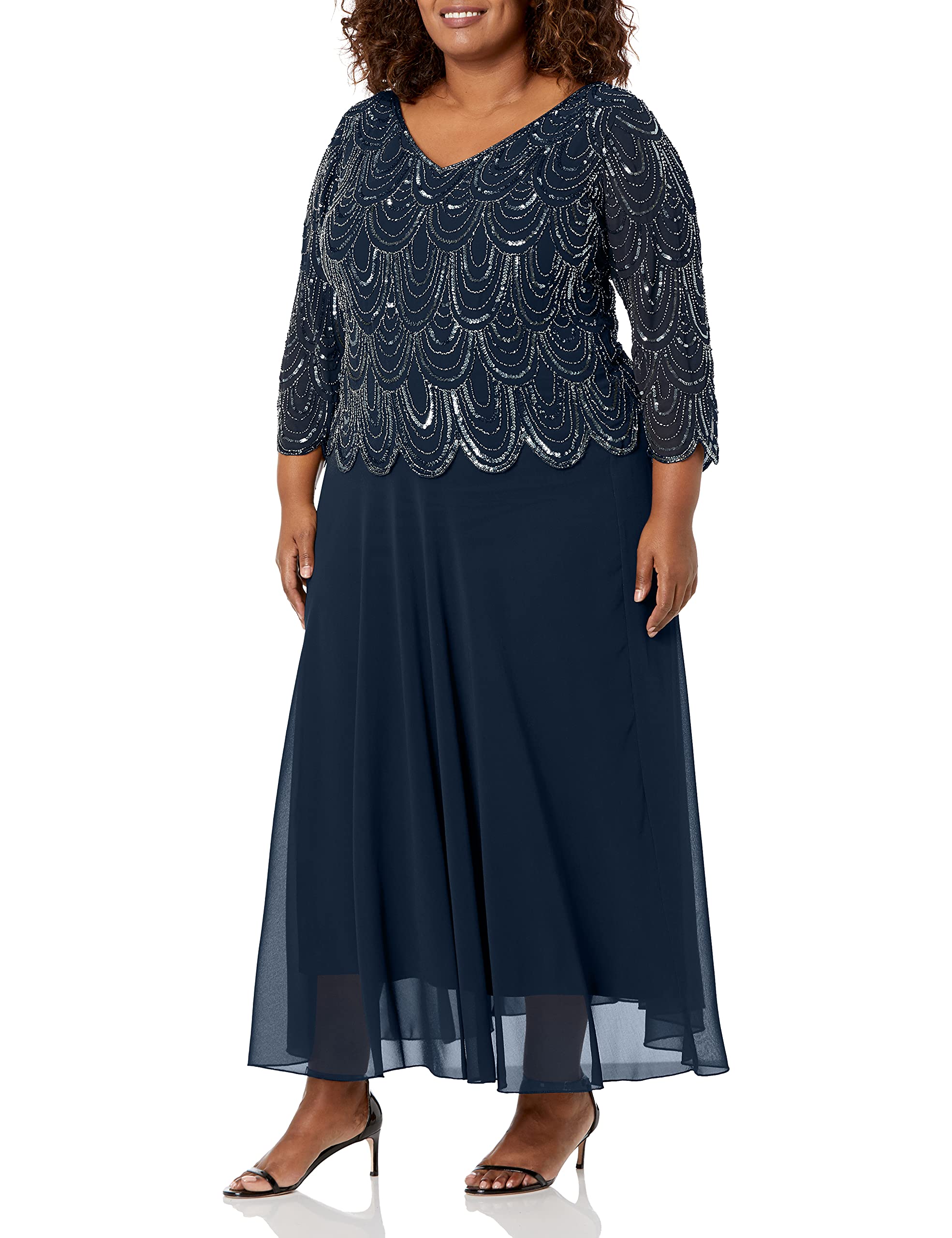 J Kara Women's Plus Size 3/4 Sleeve with Scallop Beaded Pop Over Gown, Navy/Mercury, 16W