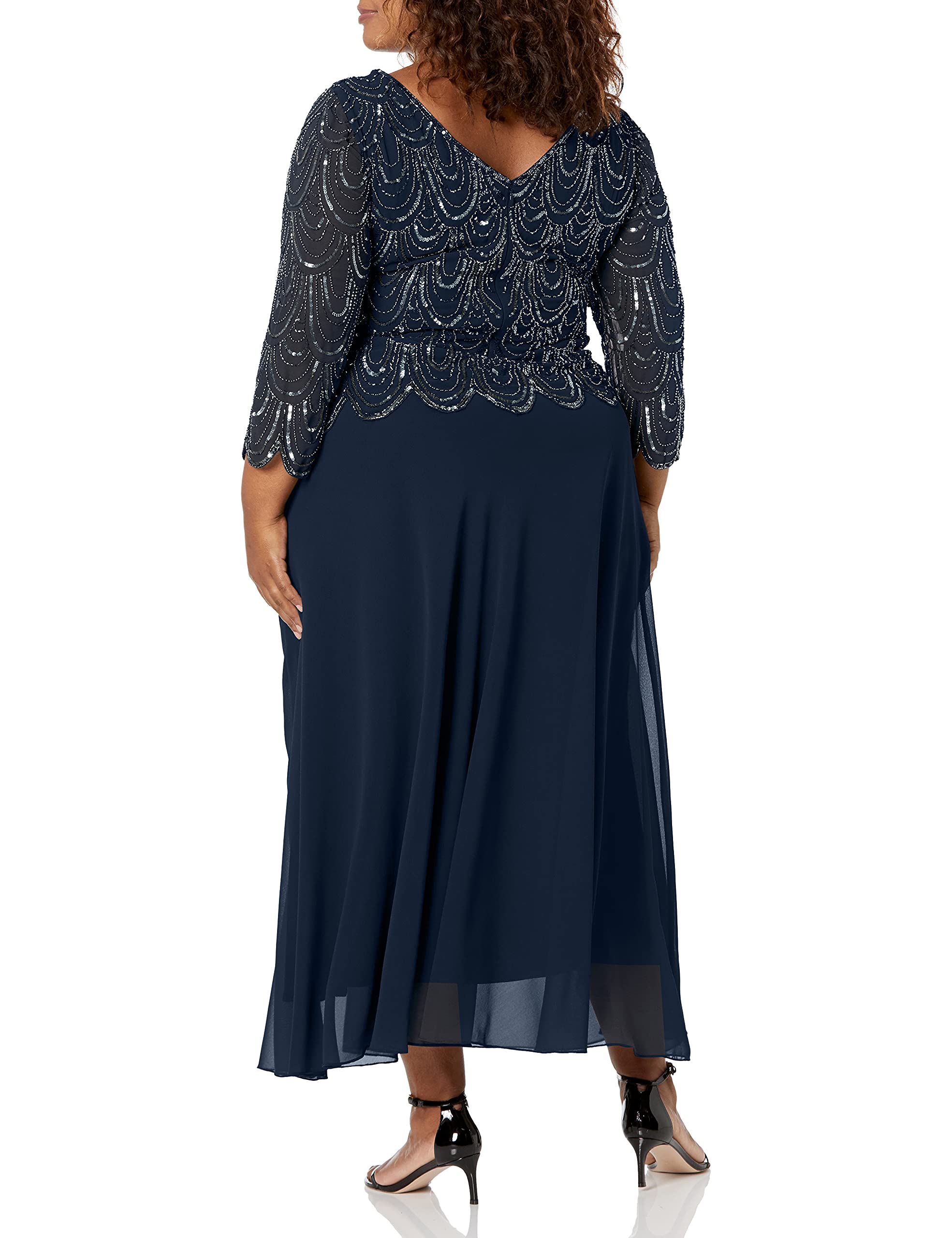 J Kara Women's Plus Size 3/4 Sleeve with Scallop Beaded Pop Over Gown, Navy/Mercury, 16W