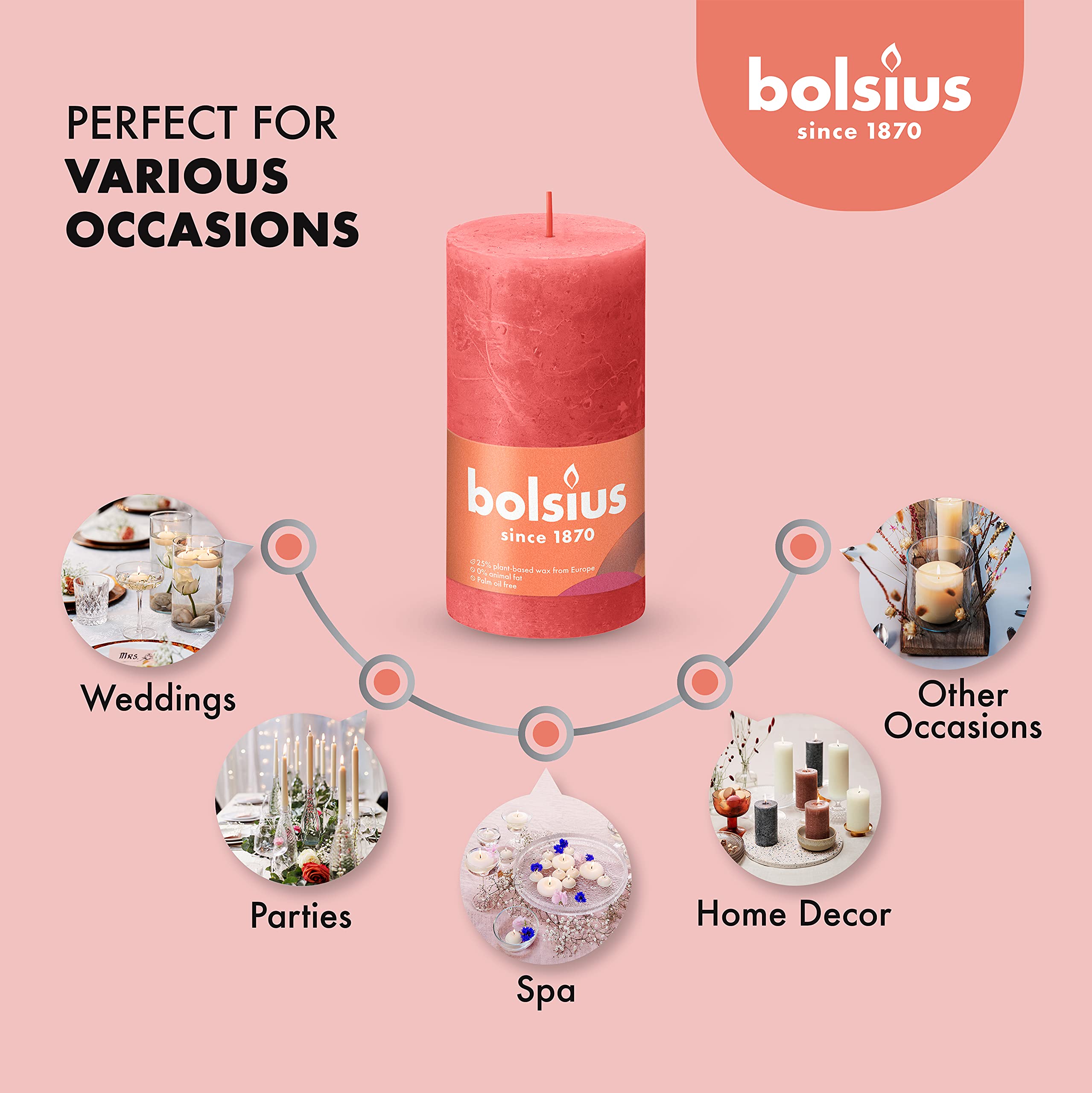 BOLSIUS 4 Pack Blossom Pink Rustic Pillar Candles - 2.75 X 5 Inches - Premium European Quality - includes Natural Plant-Based Wax - Unscented Dripless Smokeless 60 Hour Party Décor Candles