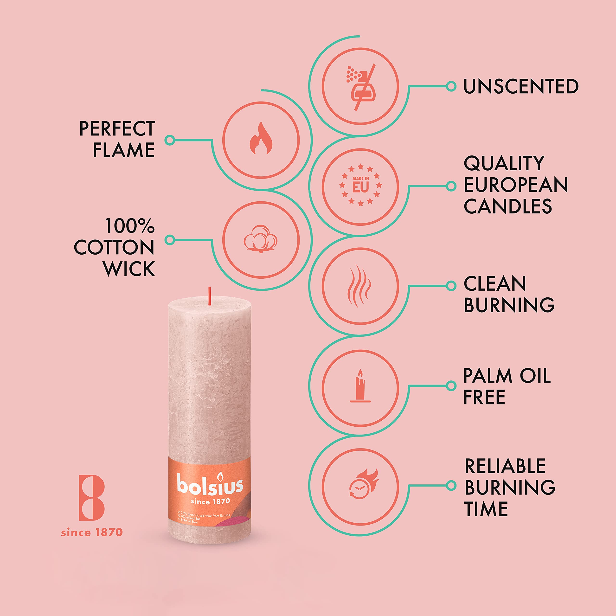 BOLSIUS 4 Pack Misty Pink Rustic Pillar Candles - 2.75 X 7.5 Inches - Premium European Quality - includes Natural Plant-Based Wax - Unscented Dripless Smokeless 85 Hour Party and Wedding Candles