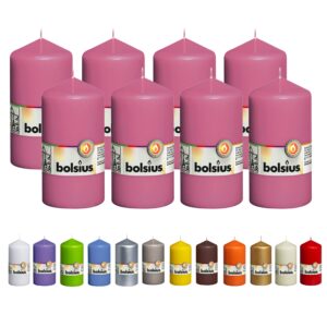 bolsius 8 pink pillar candles - 2.75 x 5 inches - premium european quality - individually wrapped - 43 hours burn time - dripless & smokeless - unscented dinner, wedding, party, & restaurant candles