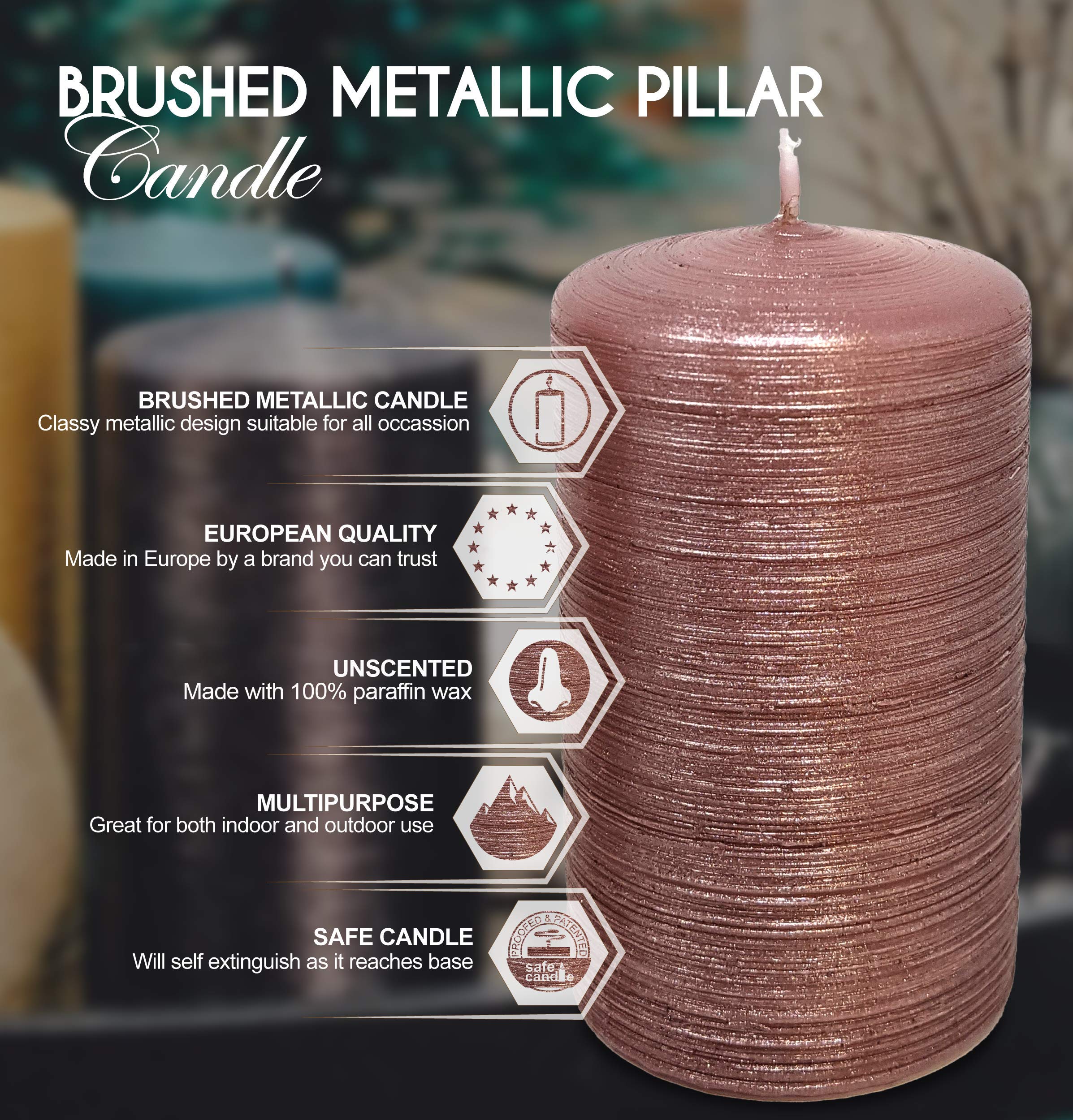 Hyoola Brushed Metallic Pillar Candles - 6 Pack - Rose Pink Pillar Candles - European Made Decorative Pillar Candles - 2.75 Inch x 5 Inch