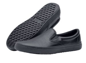 shoes for crews merlin, slip-on, men's, women's, unisex, slip resistant work shoes, black leather, men's size 6.5 wide, women's size 8 wide