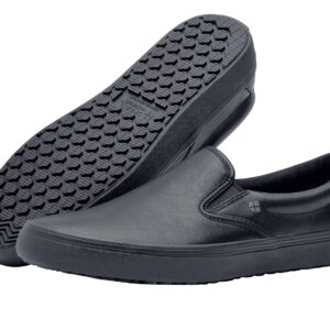 Shoes for Crews Merlin, Slip-On, Men's, Women's, Unisex, Slip Resistant Work Shoes, Black Leather, Men's Size 6.5 Wide, Women's Size 8 Wide