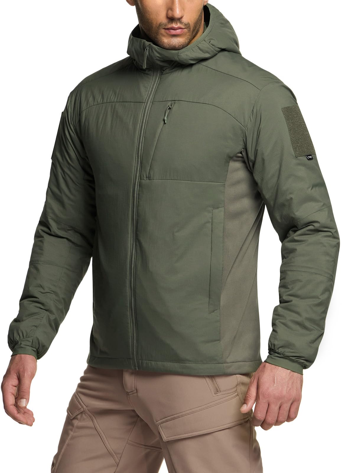 CQR Men's Insulated Hooded Tactical Jacket, Lightweight Mid-Layer Warm Hoodie, Water Resistant Full Zip Hiking Work Coat, Lightweight Olive, Large