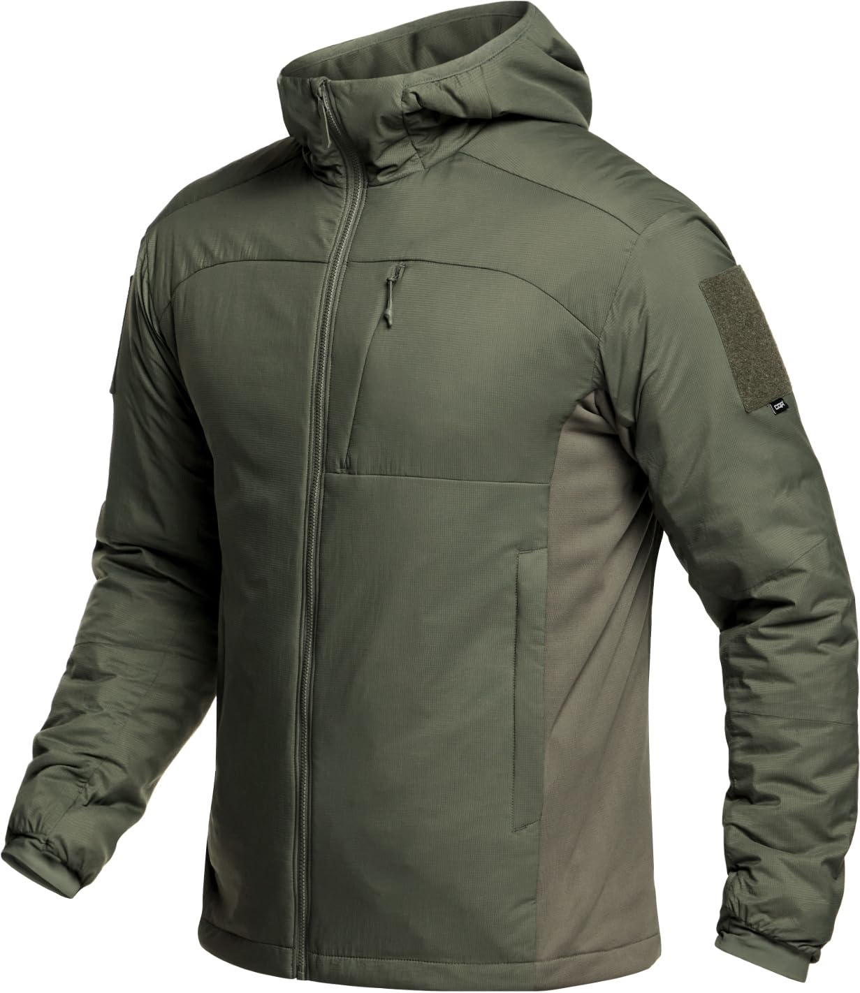 CQR Men's Insulated Hooded Tactical Jacket, Lightweight Mid-Layer Warm Hoodie, Water Resistant Full Zip Hiking Work Coat, Lightweight Olive, Large