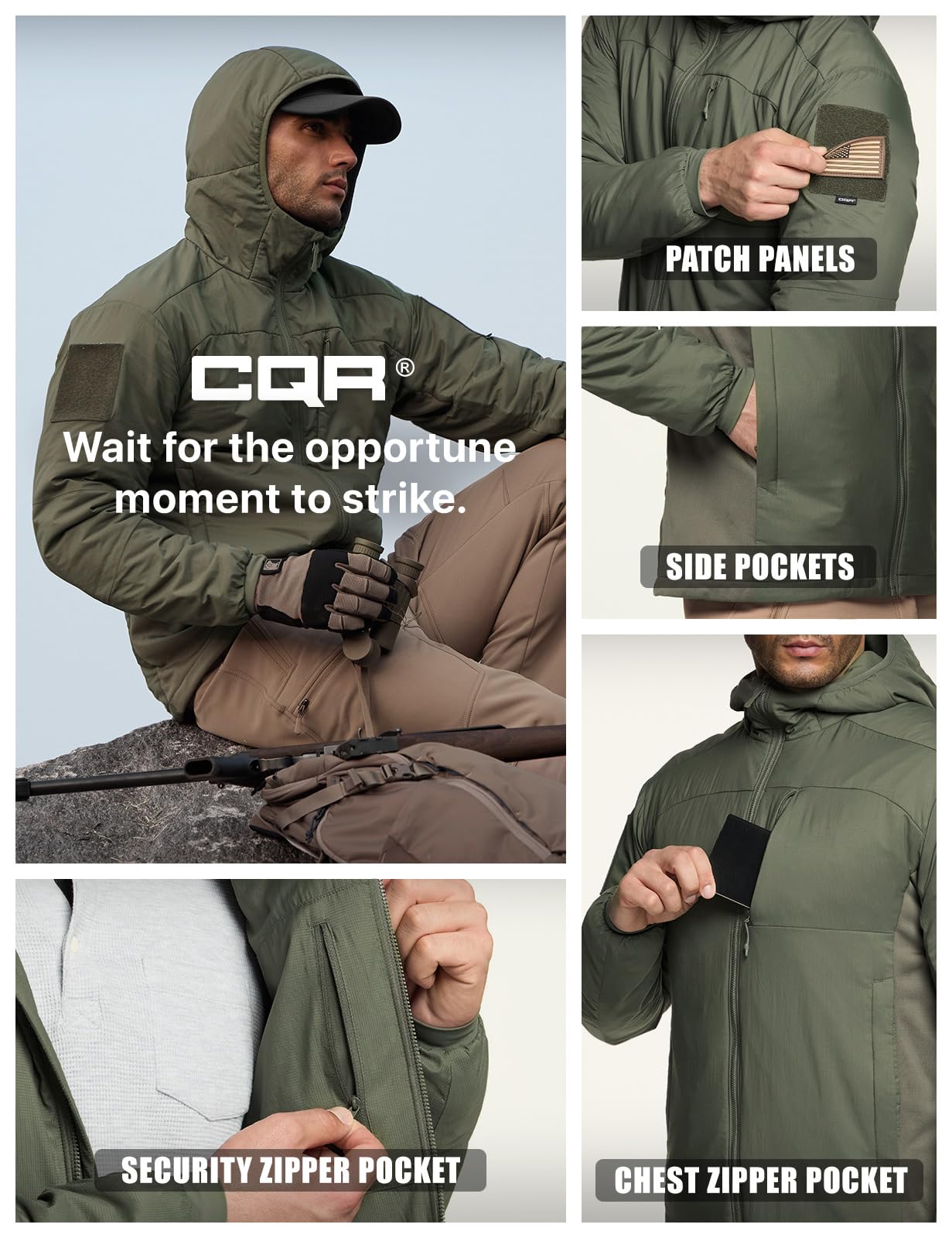 CQR Men's Insulated Hooded Tactical Jacket, Lightweight Mid-Layer Warm Hoodie, Water Resistant Full Zip Hiking Work Coat, Lightweight Olive, Large