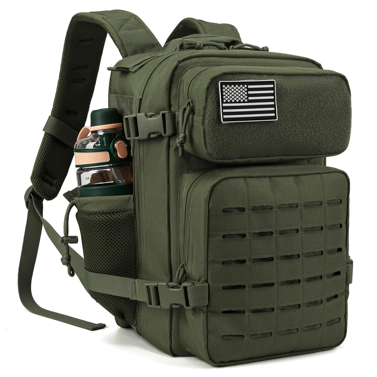 QT&QY 25L Military Tactical Backpacks For men Motorcycle Army Laser cut Molle Daypack small EDC Bug Out Bag Gym Rucksack With Dual Cup Holders medical Rucksack Green