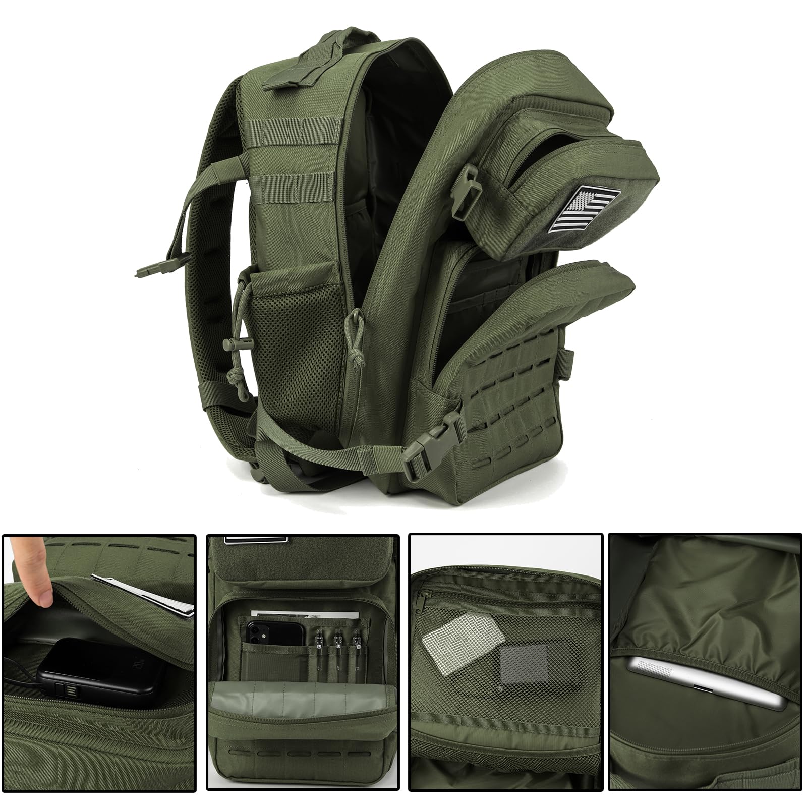 QT&QY 25L Military Tactical Backpacks For men Motorcycle Army Laser cut Molle Daypack small EDC Bug Out Bag Gym Rucksack With Dual Cup Holders medical Rucksack Green