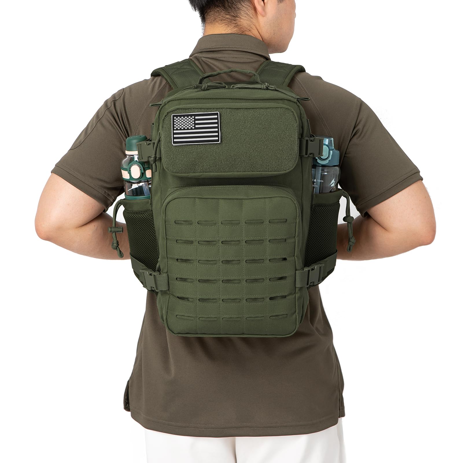 QT&QY 25L Military Tactical Backpacks For men Motorcycle Army Laser cut Molle Daypack small EDC Bug Out Bag Gym Rucksack With Dual Cup Holders medical Rucksack Green