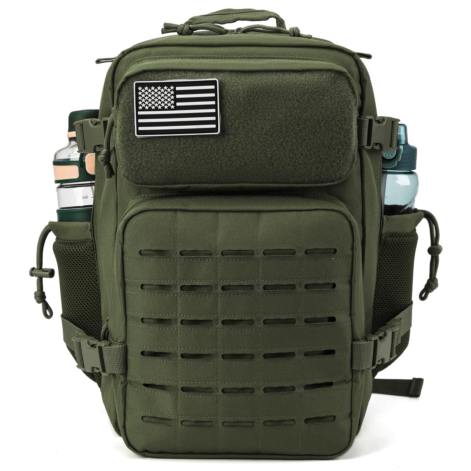 QT&QY 25L Military Tactical Backpacks For men Motorcycle Army Laser cut Molle Daypack small EDC Bug Out Bag Gym Rucksack With Dual Cup Holders medical Rucksack Green