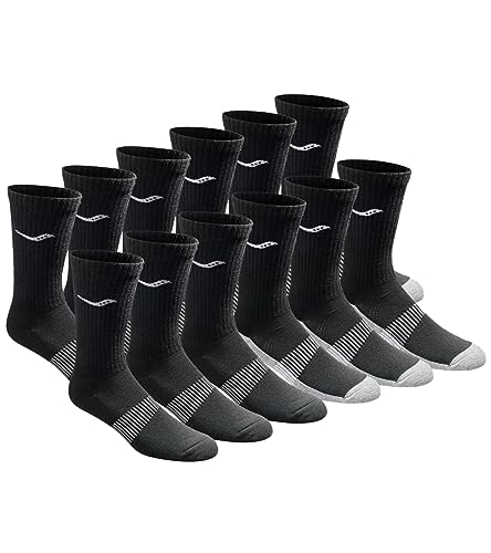 Saucony Men's Mesh Ventilating Comfort Fit Performance Crew Socks, 3, L-XL, Black (12 Pairs), Black Assorted (6 Pairs)