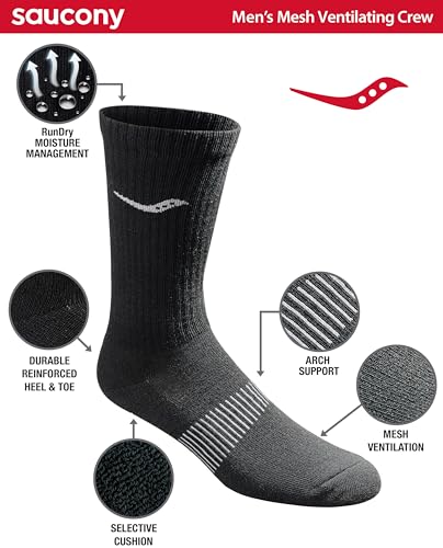 Saucony Men's Mesh Ventilating Comfort Fit Performance Crew Socks, 3, L-XL, Black (12 Pairs), Black Assorted (6 Pairs)