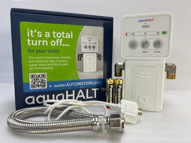 aquaHALT Smart Water Toilet Leak Detector Alarm and Automatic Shut Off Valve - Water Sensor Alarm Shut Off Tool - Easy Installation - Battery Operated - Protect Your Home from Water Damage