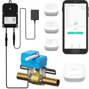 yolink diy automatic water leak detection & shut-off starter kit, valve operator, wireless valve controller, (3) leak sensors, hub