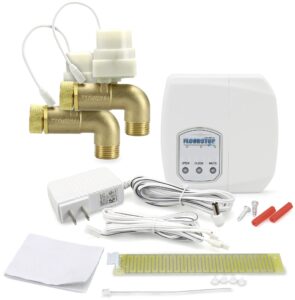 floodstop washing machine leak detector kit with automatic water shut-off and visual/audible alarms, 3/4" 90deg, hot & cold valves