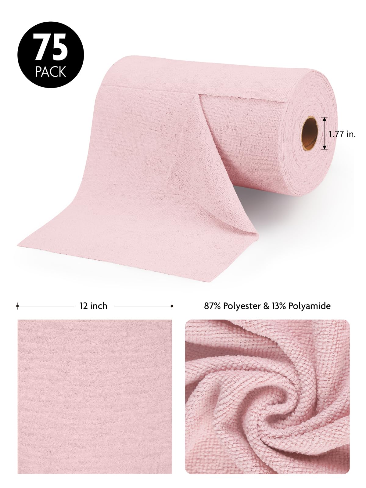 Fantasticlean Microfiber Cleaning Cloth Roll -75 Pack, 12x12", Tear Away Towels, Reusable Washable Rags (Pink)