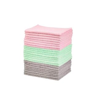 amazon basics microfiber cleaning cloths, non-abrasive, reusable and washable, pack of 24, green/gray/pink, 16" x 12"