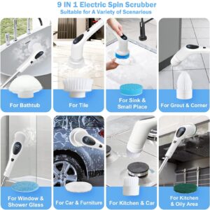 Electric Spin Scrubber, Cordless Cleaning Brush with Adjustable Extension Arm 9 Replaceable Cleaning Heads, LED Screen Voice 3 Adjustable Speeds Power Shower Scrubber for Bathroom, Tub, Tile, Floor