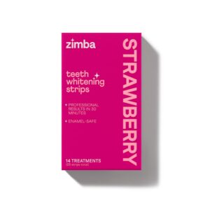 zimba strawberry flavored teeth whitening strips | vegan, enamel safe hydrogen peroxide teeth whitener for coffee, wine, tobacco, and other stains | 14 day treatment | strawberry