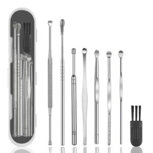 8 pcs ear wax removal kit,professional double-headed ear pick earwax removal tools,316l stainless steel ear cleaner curette with cleaning brush and storage box,suit for kid adult(silver)