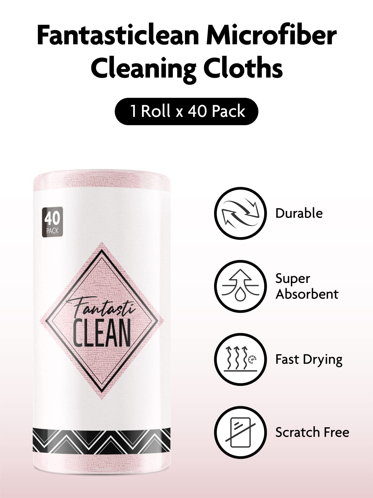 Fantasticlean Microfiber Cloths in a Roll, Reusable Washable Tear Away Cleaning Rag Towels, for Car, House, Garage or Kitchen, 12" x 12", 40 Pack (Pink)