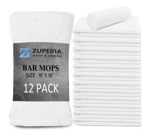 zuperia bar mop kitchen towels- 12 pack, 16 x 19 inches, bar mop towels -100% cotton barmops towels - super absorbent, multi-purpose for home, kitchen and bar cleaning (white)