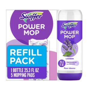 swiffer powermop multi-surface refill pack for floor cleaning, pack includes 5 mopping pad refills, 1 floor cleaning solution with lavender scent