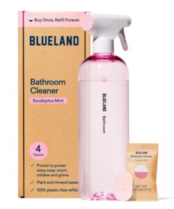 blueland bathroom cleaning spray bottle with 4 refill tablets | eco friendly products & cleaning supplies - eucalyptus mint scent | makes 4 x 24 fl oz bottles (96 fl oz total)