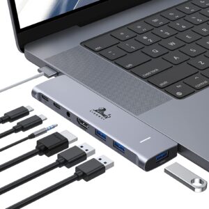 usb c hub adapter for macbook pro/air m1m2 2022 2021 2020 13" 15" 16",multiport macbook adapter macbook accessories with 4k hdmi,3usb3.0,audio,100w thunderbolt-enabled usb-c,support magsafe 3 charging