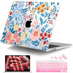 dongke for m3 m2 macbook air 15.3 inch case 2023 2024 release a2941 a3114 with retina display & touch id, plastic hard case & keyboard skin & screen protector for macbook air 15" - multicolor flowers